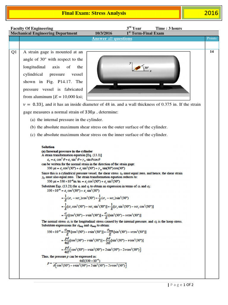 Final Exam Stress Analysis 2016 Answers | PDF | Stress (Mechanics) | Beam (Structure)
