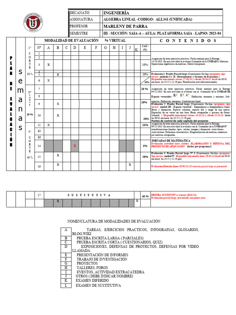 4.-Plan de Evaluación Algebra lineal-SAIA-A - 2023-4 | PDF | Valores ...