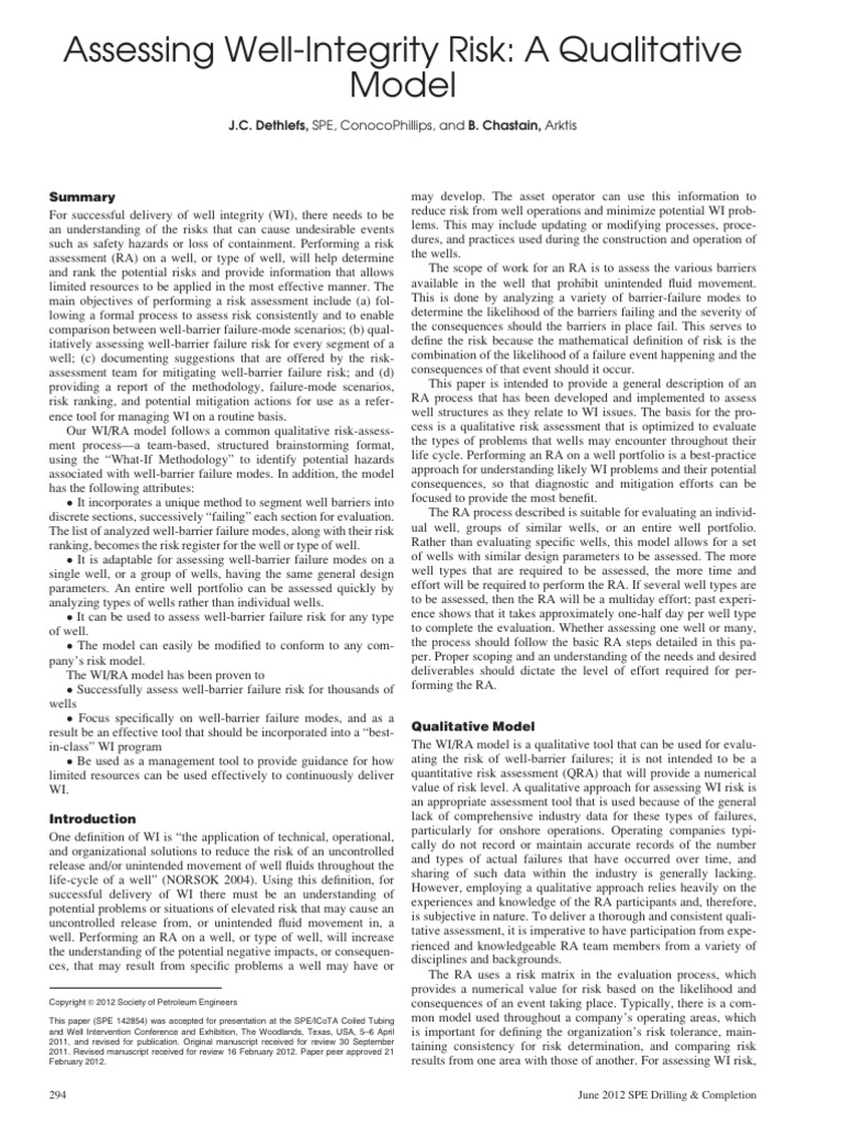 Assessing Well-Integrity Risk: A Qualitative Model: 294 June 2012 SPE ...