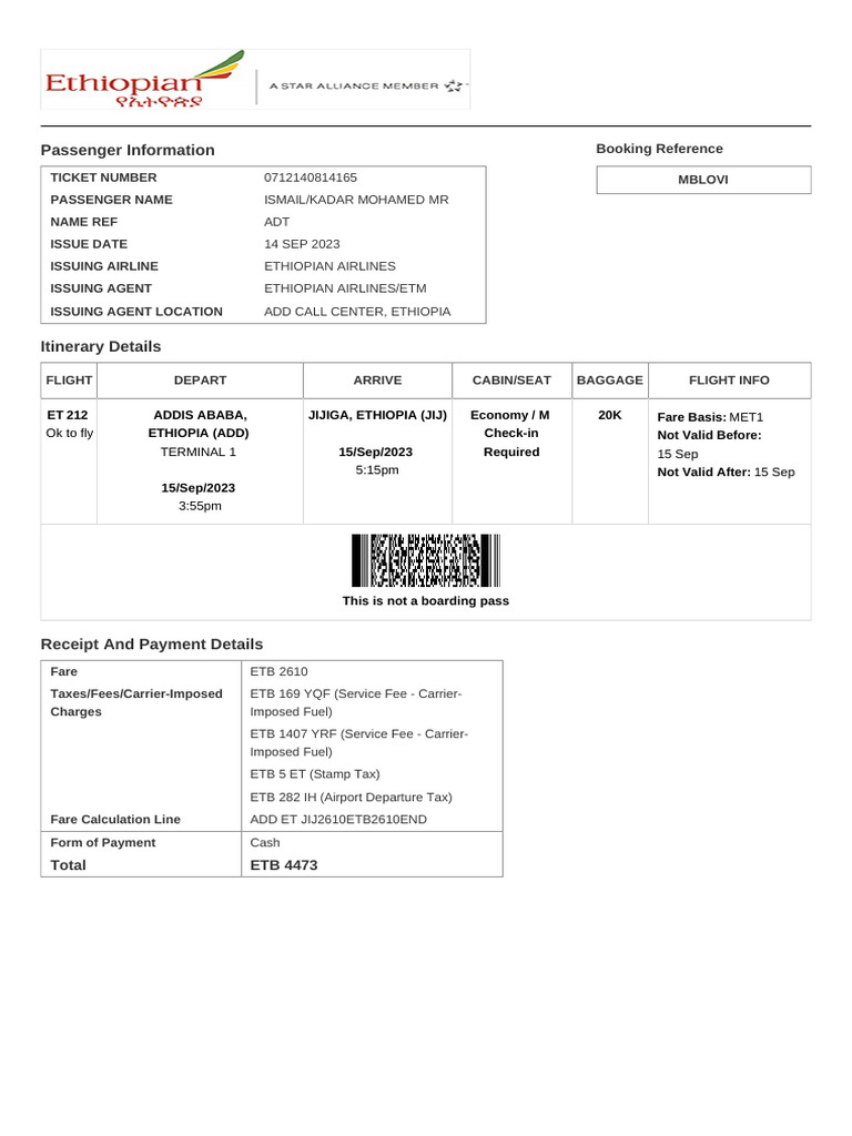 Electronic Ticket Receipt, September 15 For MR KADAR MOHAMED ISMAIL ...
