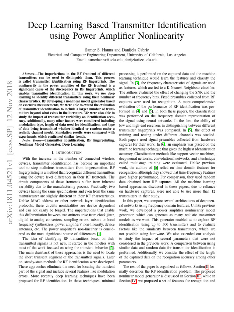 Deep Learning Based Transmitter Identification Using PA Nonlinearity | PDF | Signal To Noise ...