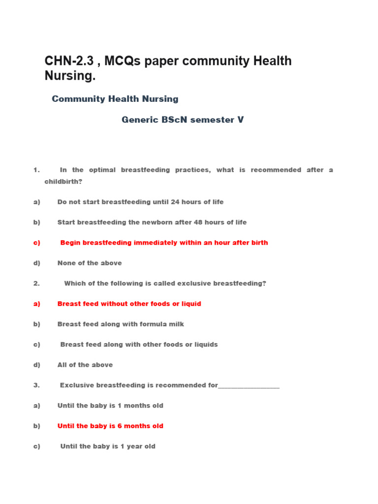 CHN-2.3, MCQs Paper Community Health Nursing. | Download Free PDF | Birth Control | Menstrual Cycle