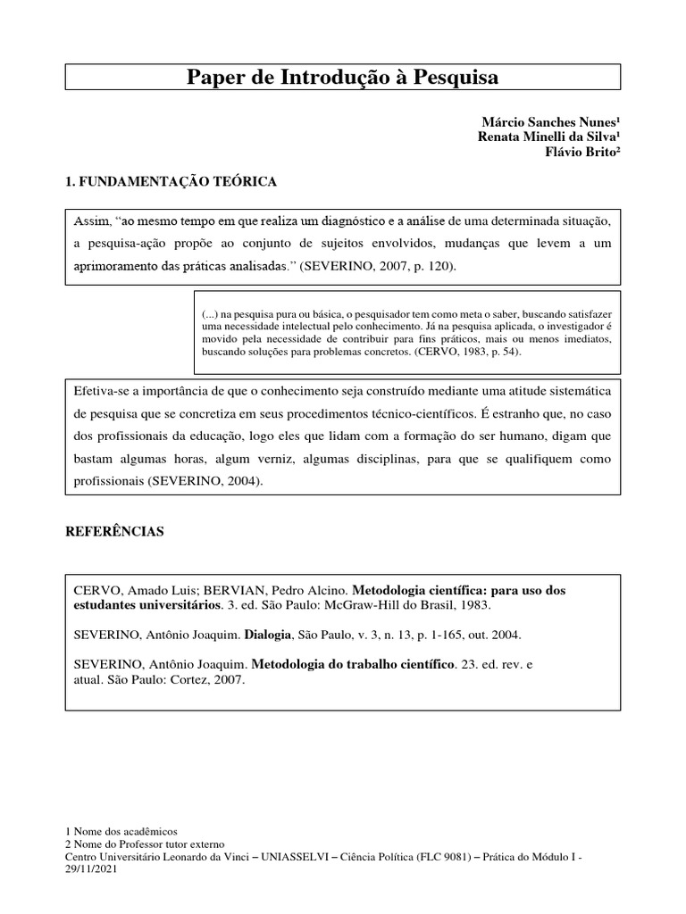 Paper de Introdução À Pesquisa: Márcio Sanches Nunes Renata Minelli Da ...