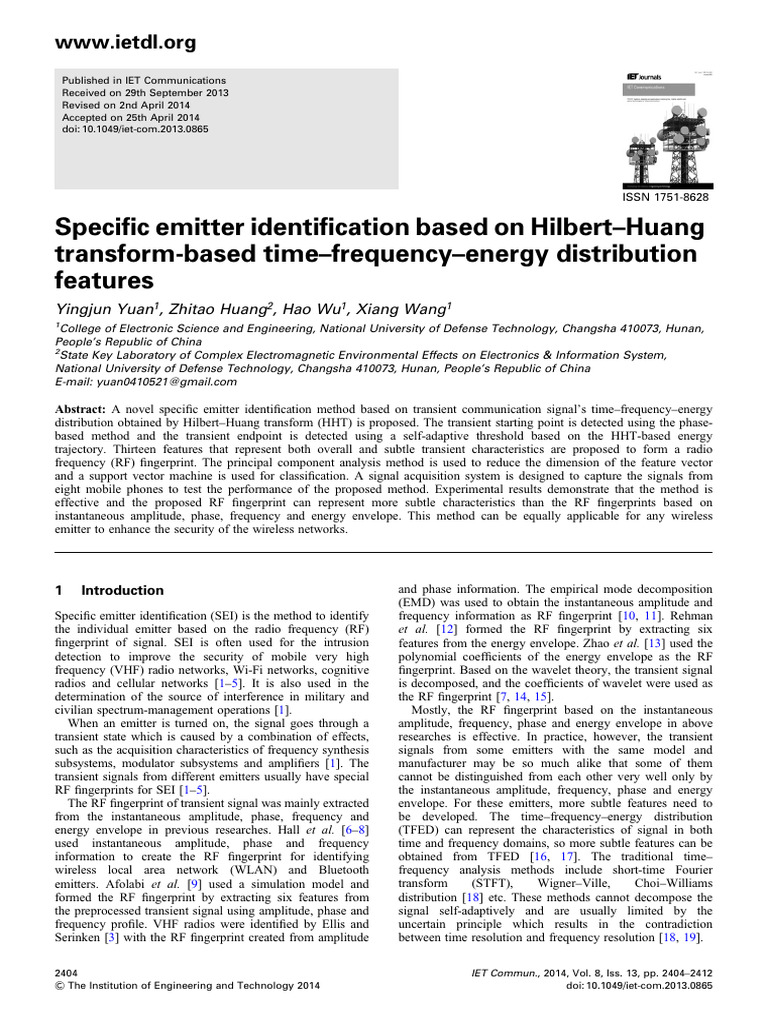Specific Emitter Identification Based On Hilbert Huang Pdf Wavelet Amplitude