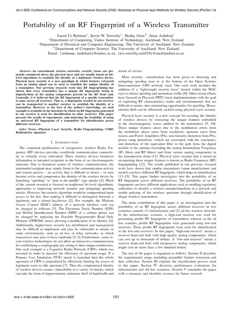 Portability of An RF Fingerprint of A Wireless Transmitter | PDF