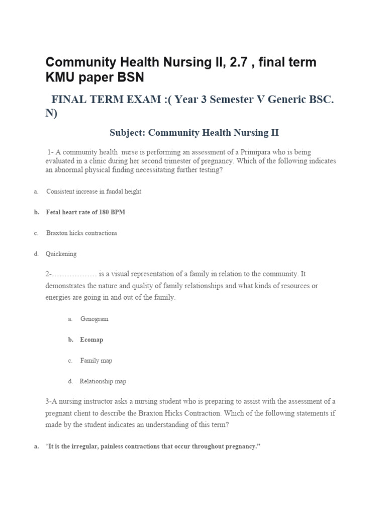 Community Health Nursing II, 2.7, Final Term KMU Paper BSN | PDF