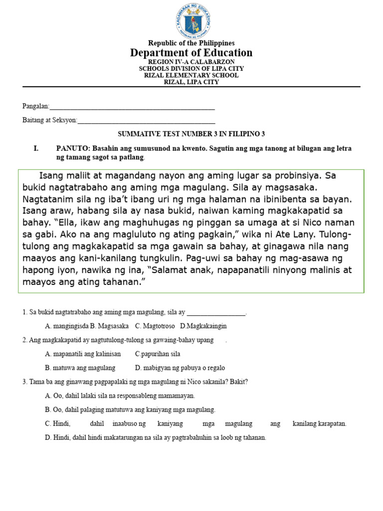 2nd Summative Test in Filipino | PDF