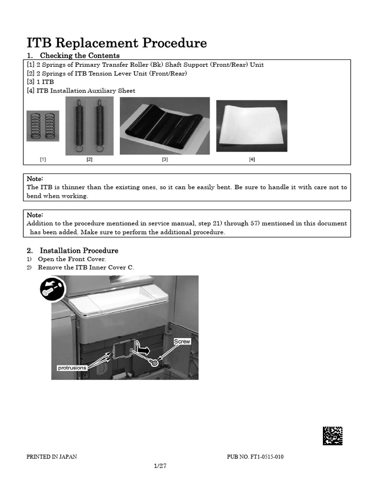 Ir ADVANCE C7065 - C9075PRO ITB Replacement Procedure | PDF | Sheet Metal | Arrow