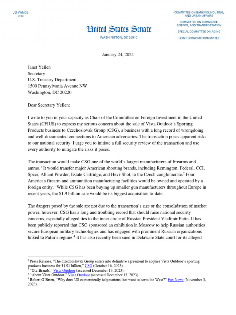 Sen. J.D. Vance's Letter To Treasury Secretary Janet Yellen | PDF