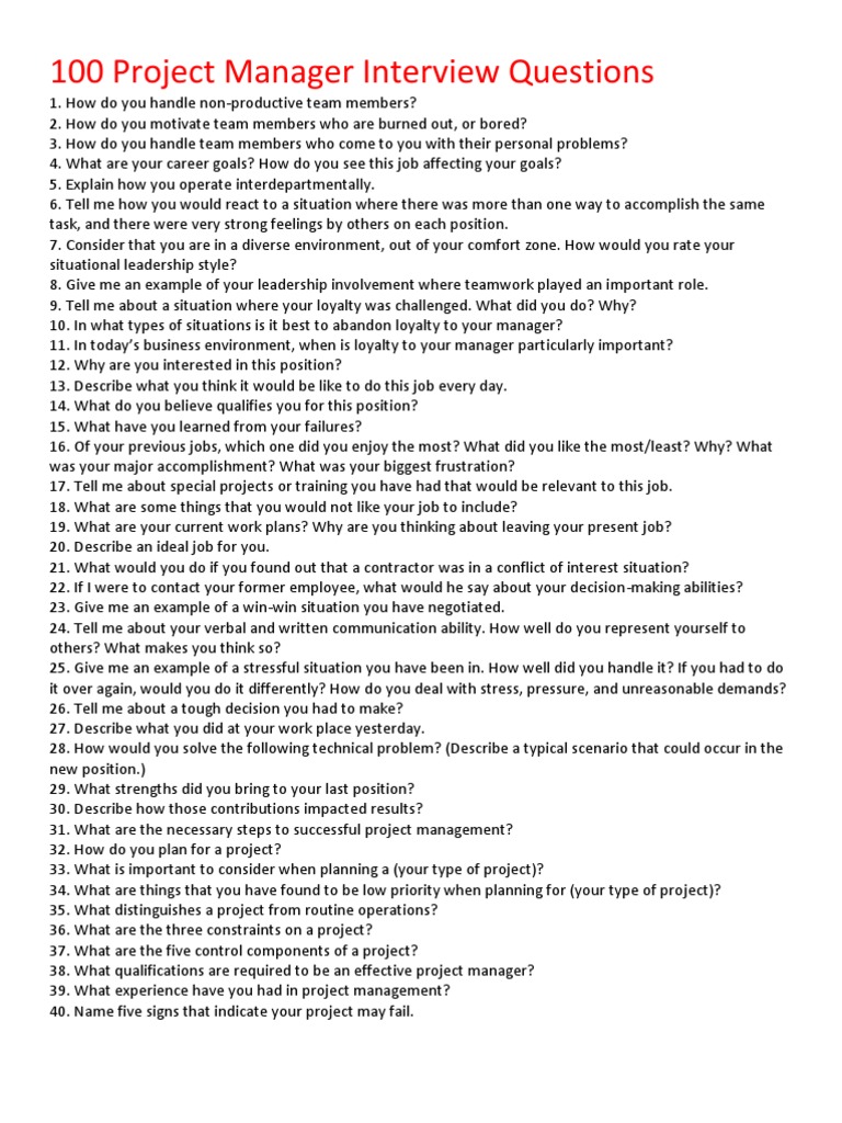 100 Project Manager Interview Questions | PDF | Invoice | Leadership