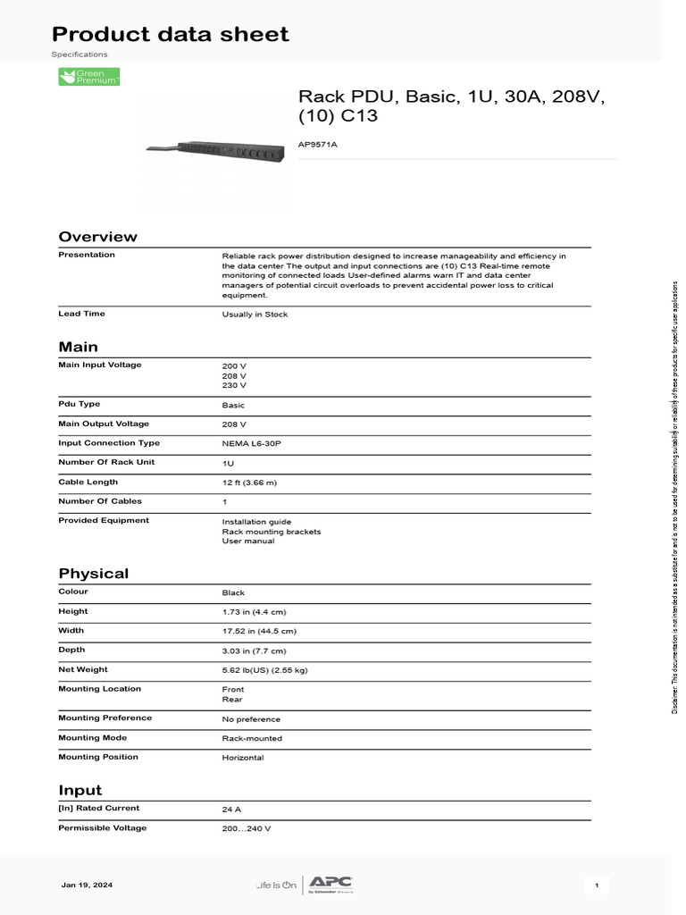 APC - NetShelter Basic Rack PDUs - AP9571A | PDF