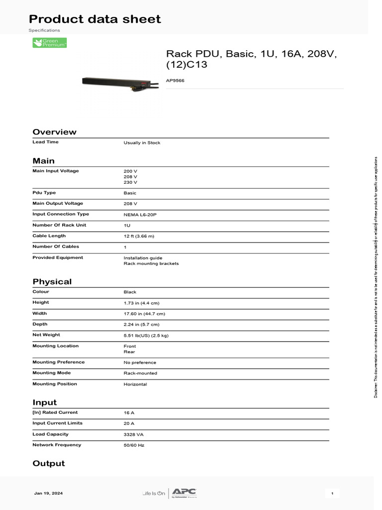 APC NetShelter Basic Rack PDUs AP9566 | PDF