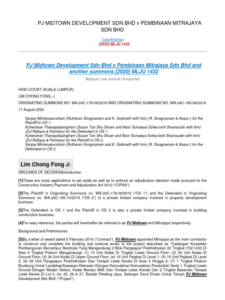 1PJ Midtown Development SDN BHD V Pembinaan Mitrajaya SDN BHD and ...