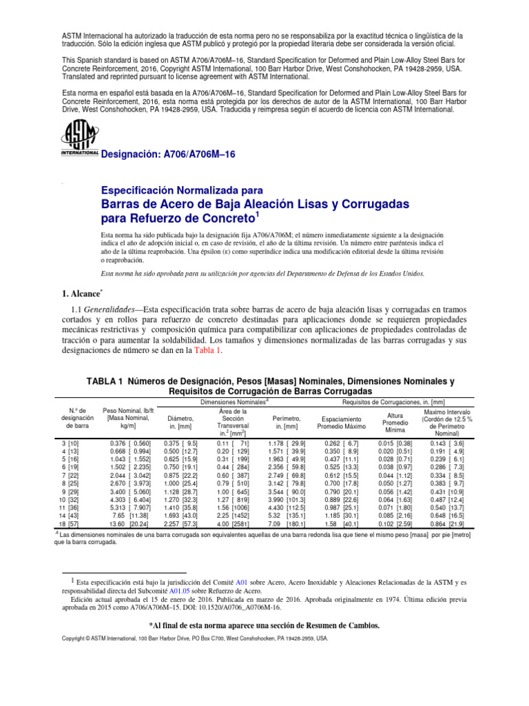 NV (EXT-LA-005) ASTM A706 A706M de 2016 | PDF | Acero | Longitud