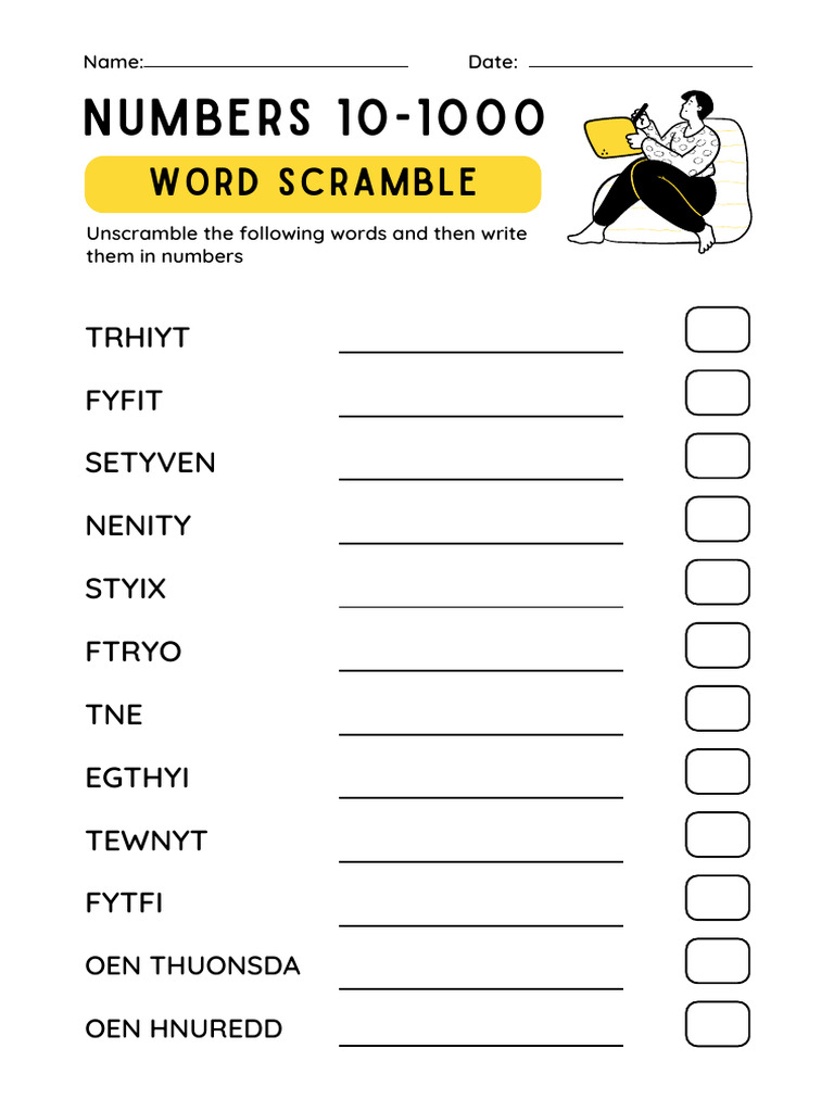 Numbers 10-1000 Word Scramble Worksheet in Black and Yellow SImple ...