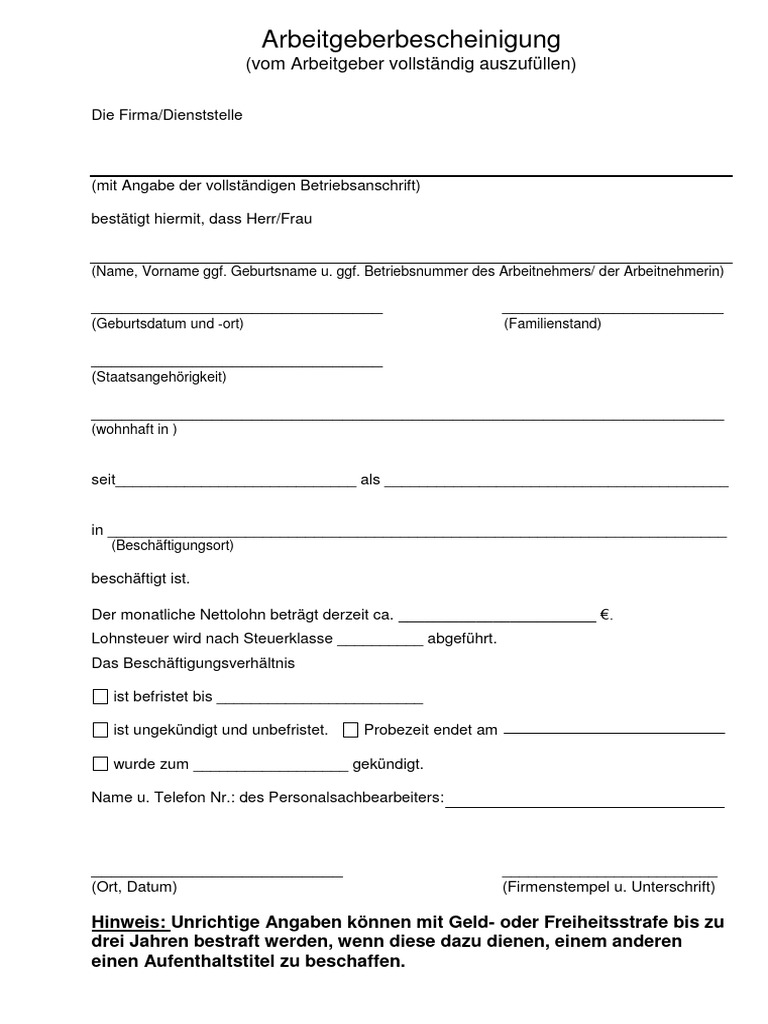 Arbeitgeberbescheinigung | PDF
