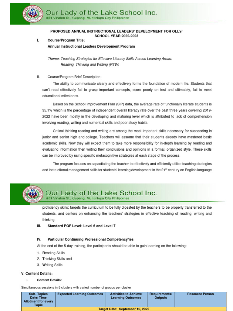 Instructional Leaders Development Program | PDF | Literacy | Teachers