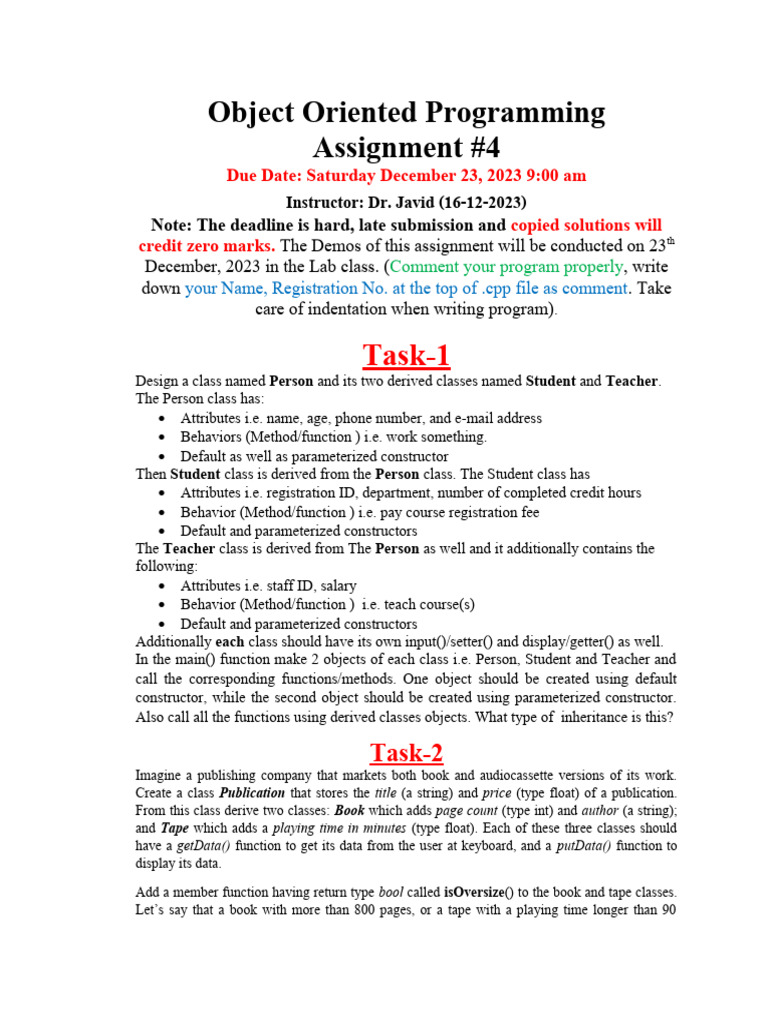 Assignment No4 Inheritance Pdf Class Computer Programming Programming 7978