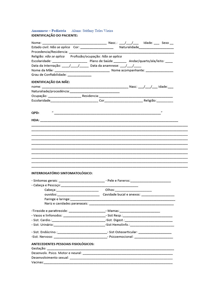 Anamnese - Modelo Pediatria | PDF | Autoajuda