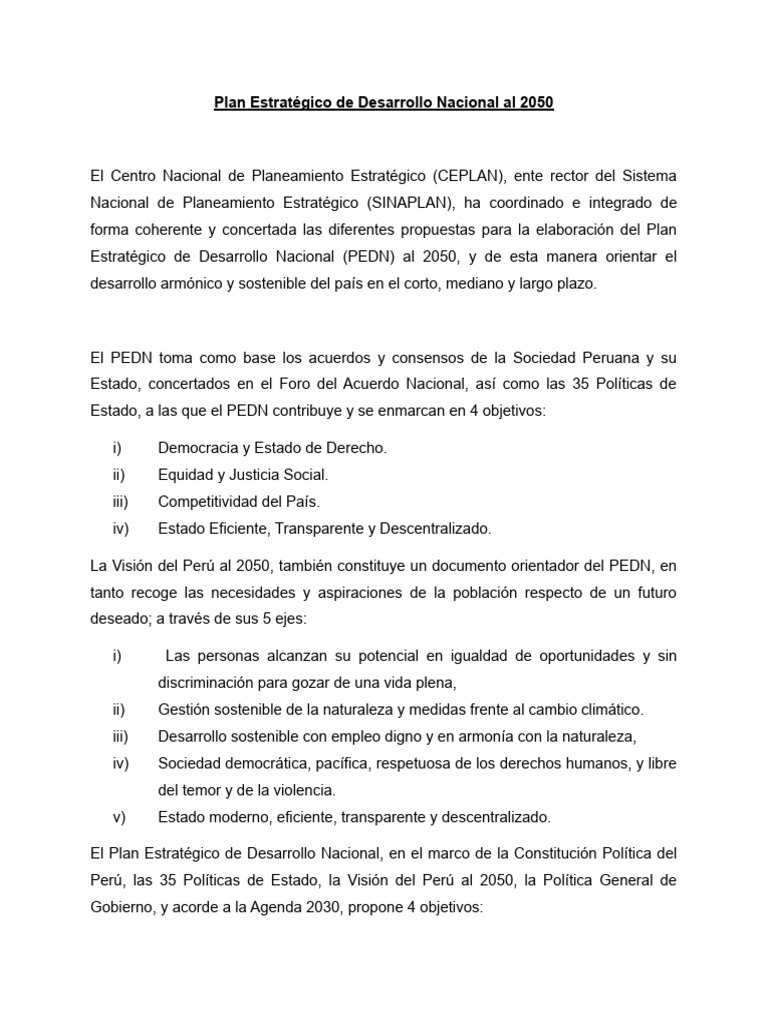 Plan Estratégico de Desarrollo Nacional Al 2050 | PDF | Sustentabilidad | Democracia