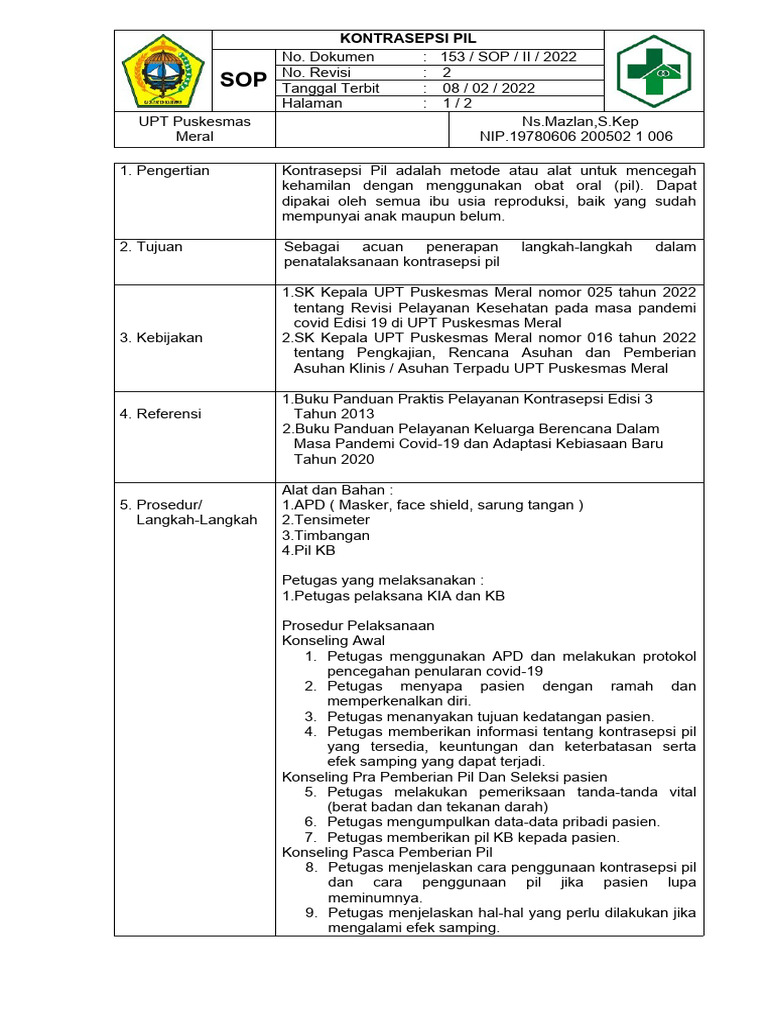 3.SOP Kontrasepsi Pil Fix 2022 | PDF | Kesehatan Holistik