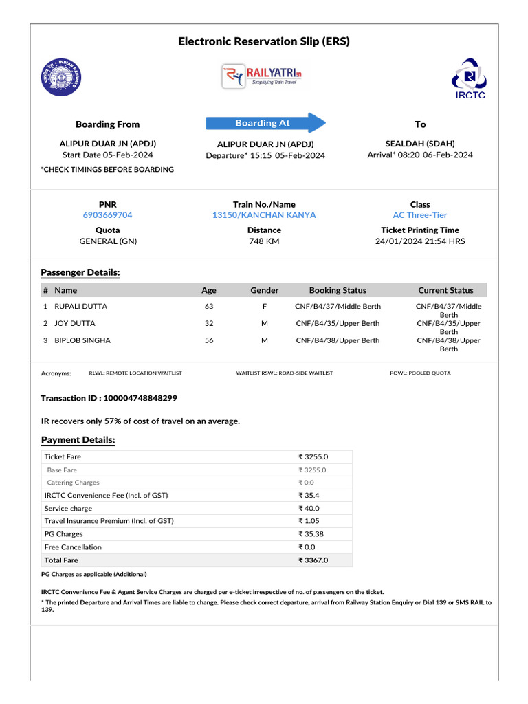 Train Ticket Confirmation - 2024 | PDF | Identity Document