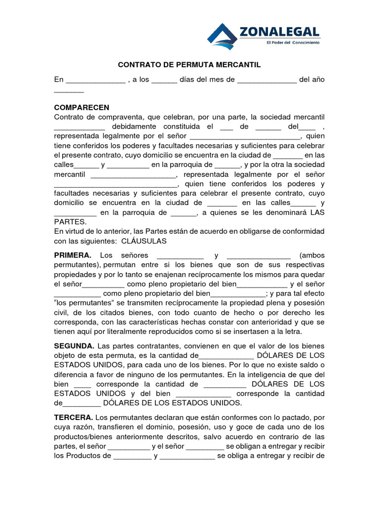 Contrato de Permuta Mercantil | Descargar gratis PDF | Propiedad ...