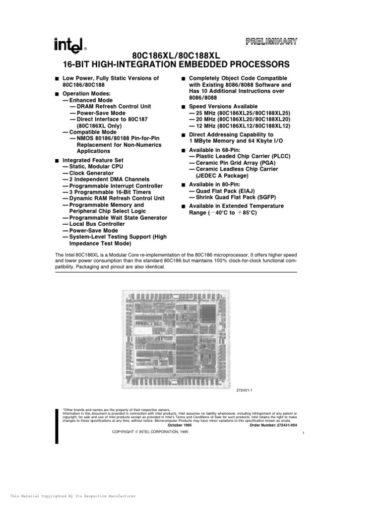 80C186XL/80C188XL 16-Bit High-Integration Embedded Processors | PDF | Input/Output | Microprocessor