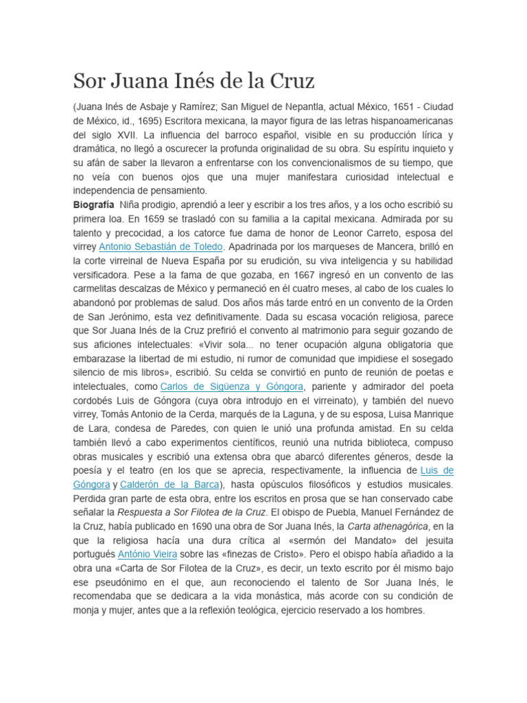 Vida y obra de Sor Juana Inés de la Cruz | PDF