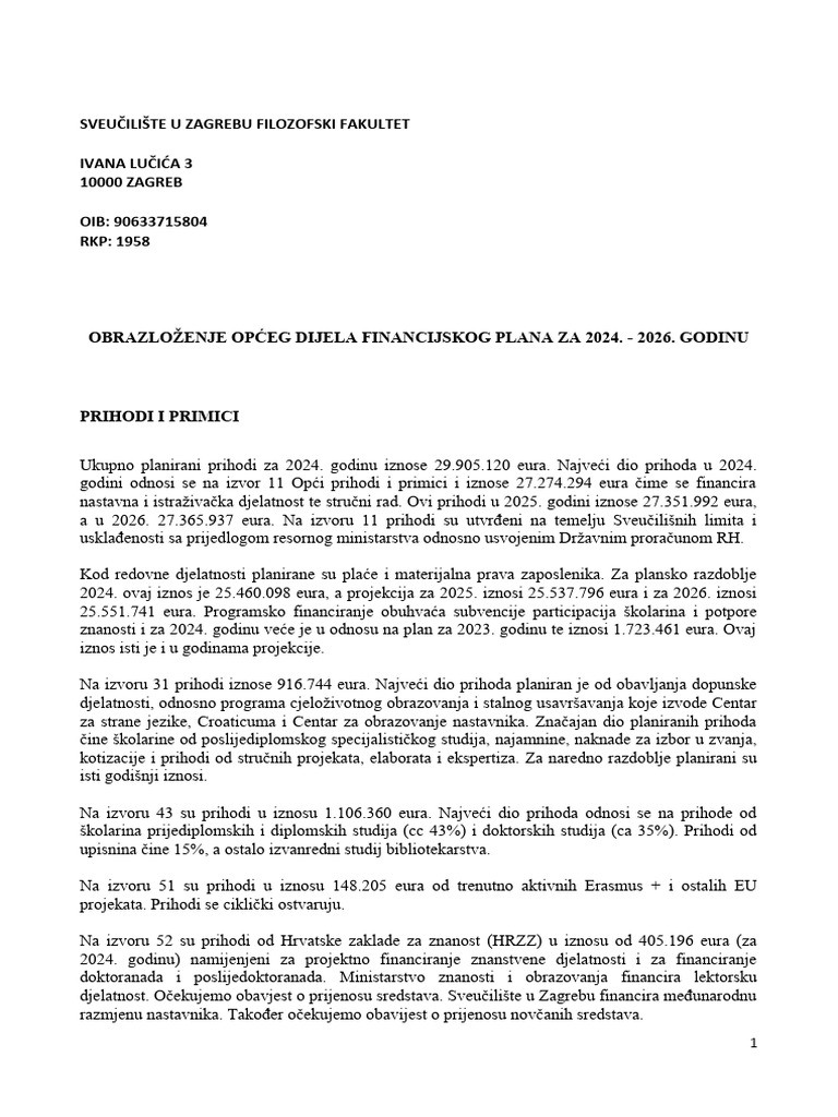 Obrazloženje Općeg Dijela Financijskog Plana Za 2024. 2026. | PDF