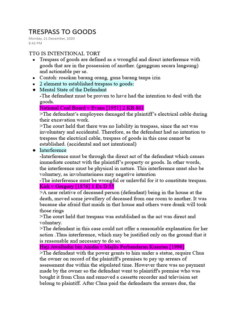(Nota) Trespass To Goods | PDF | Trespass | Legal Liability