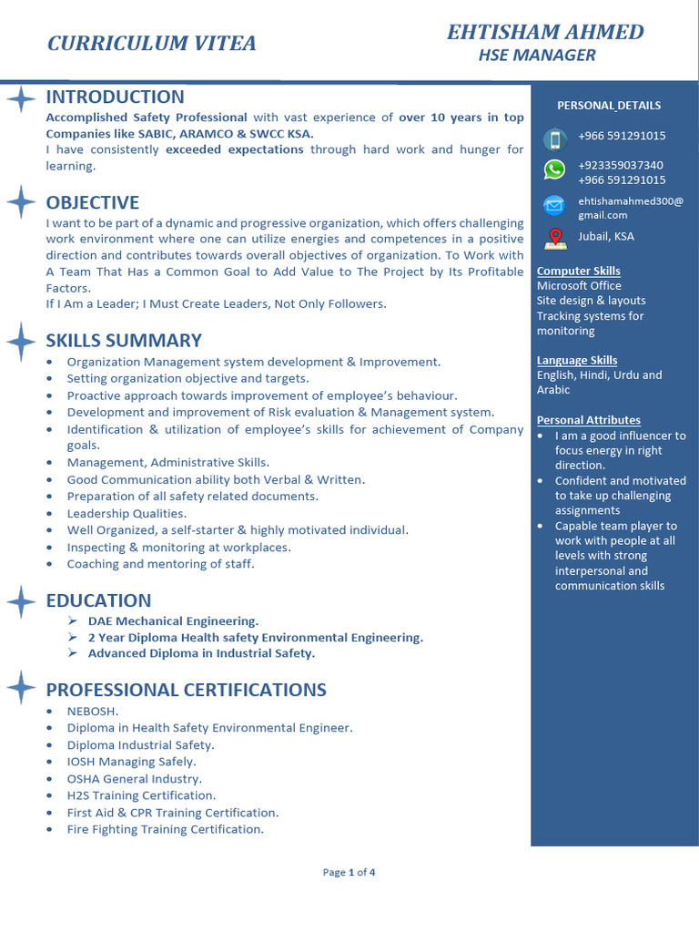 Ehtisham CV HSE Manager | PDF | Occupational Safety And Health | Safety