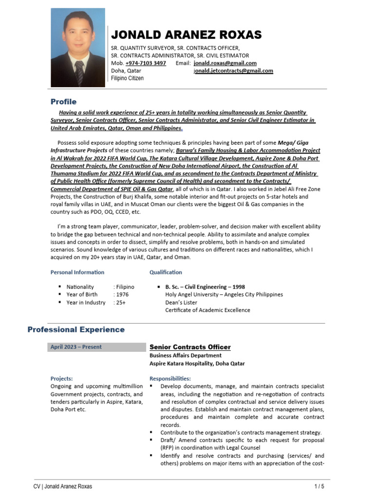 Professional CV of Mr. Jonald A. Roxas | PDF | Qatar | Doha