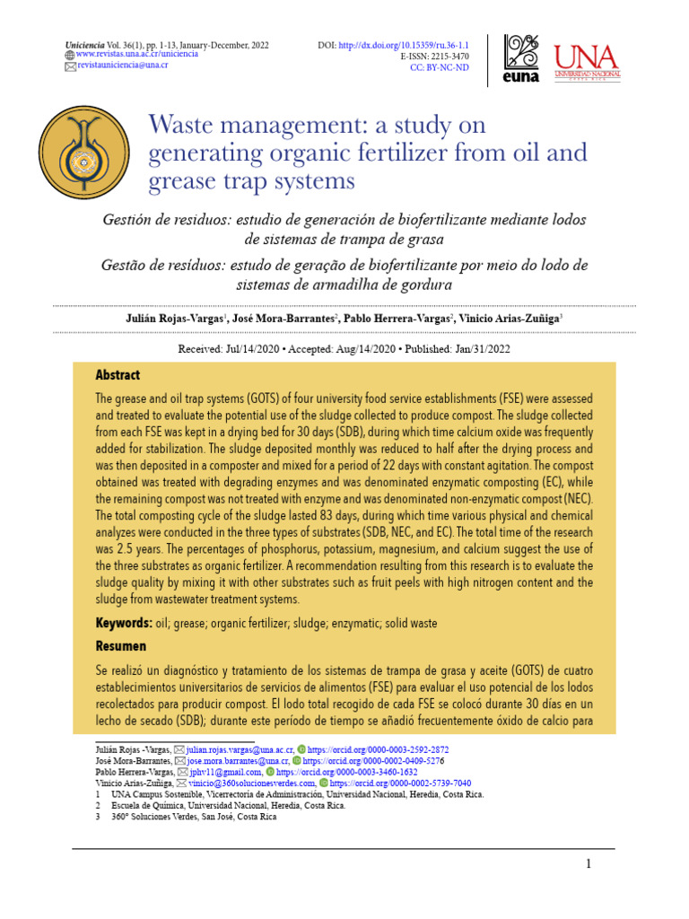 Waste Management A Study On Generating Organic Fertilizer From Oil and Grease Trap Systems | PDF ...