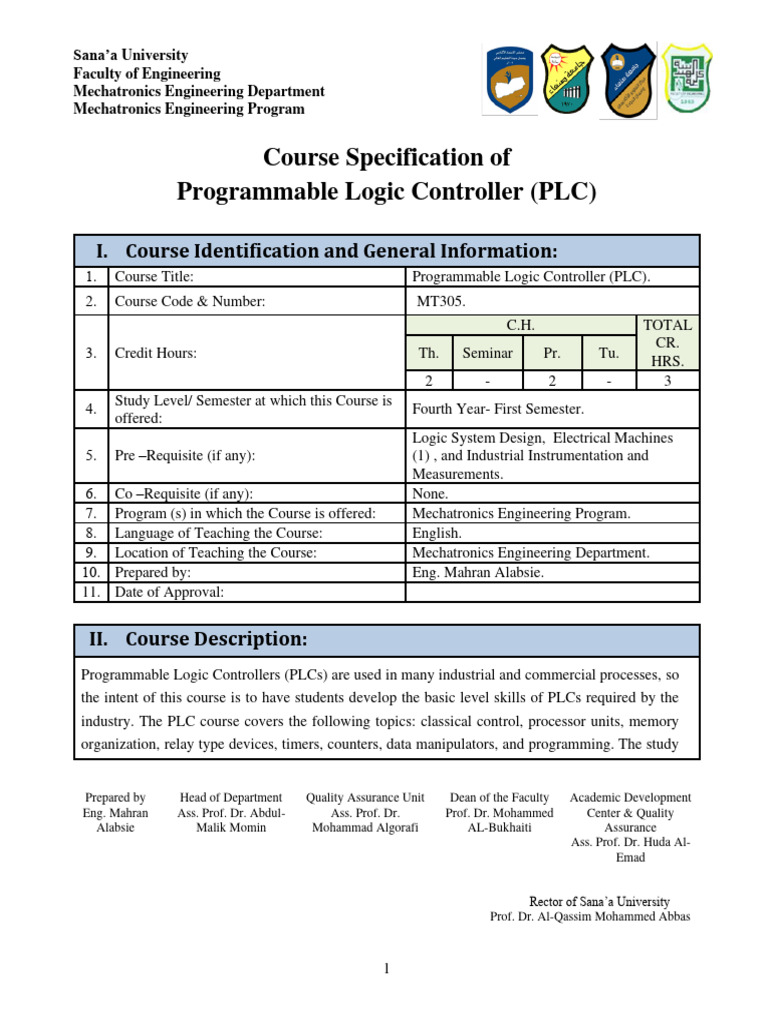 MT305 Course Specification of Programmable Logic Controller PLC | PDF | Programmable Logic ...