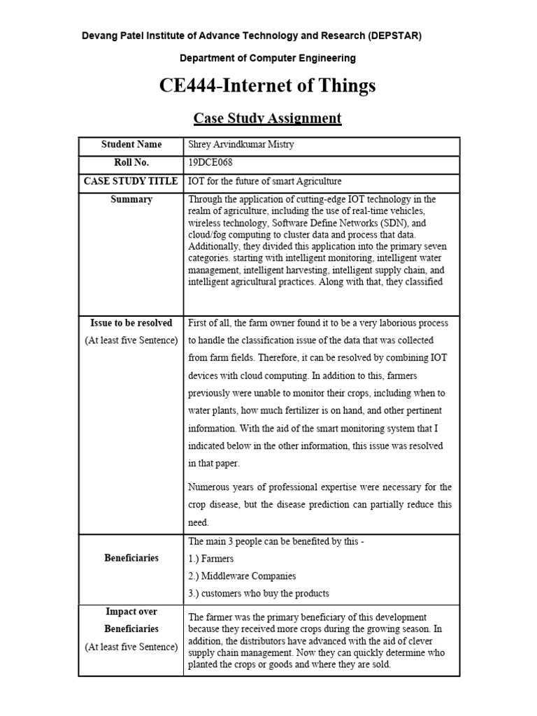 19DCE068 - IOT - Case Study | PDF | Internet Of Things | Computer Network