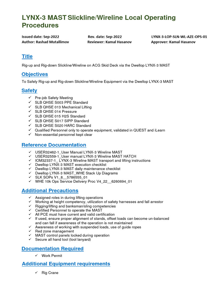 LYNX-3 MAST Slickline/Wireline Procedures | PDF | Tools | Machines