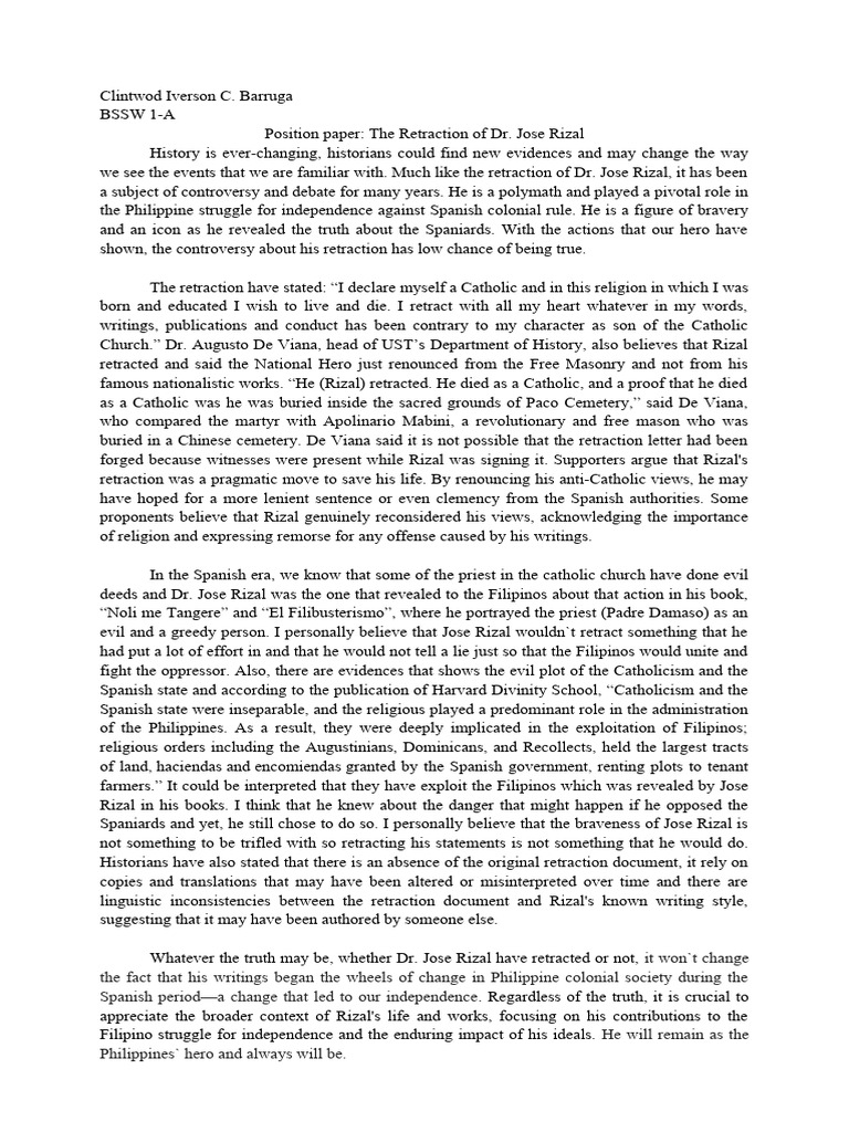 Position Paper - RIPH - Jose Rizal Retraction | PDF