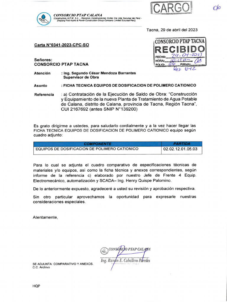 Carta 0341-2023-Cpc-So Ficha Tecnica Equipos de Dosificacion Polimero ...