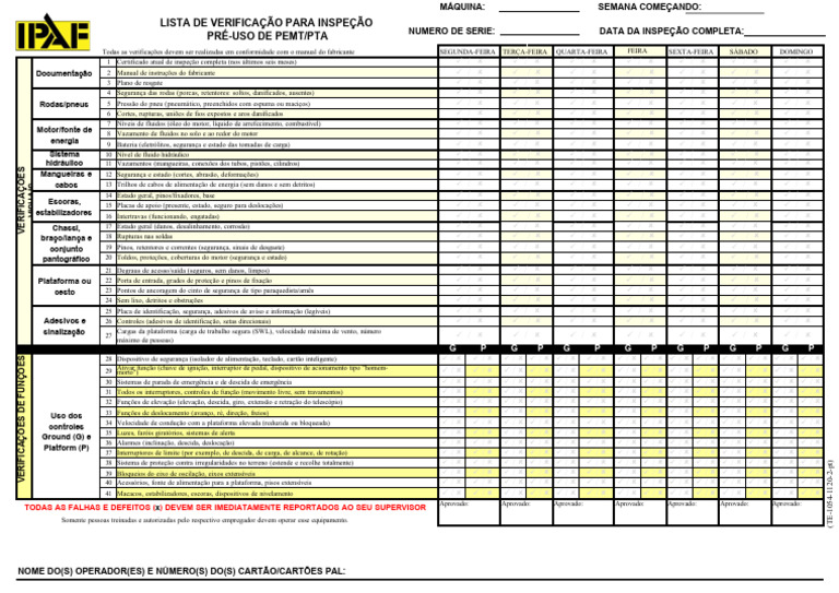 Lista de Verificação para Inspeção Pré-Uso de PEMT PTA (TE-1054-1120-2 ...