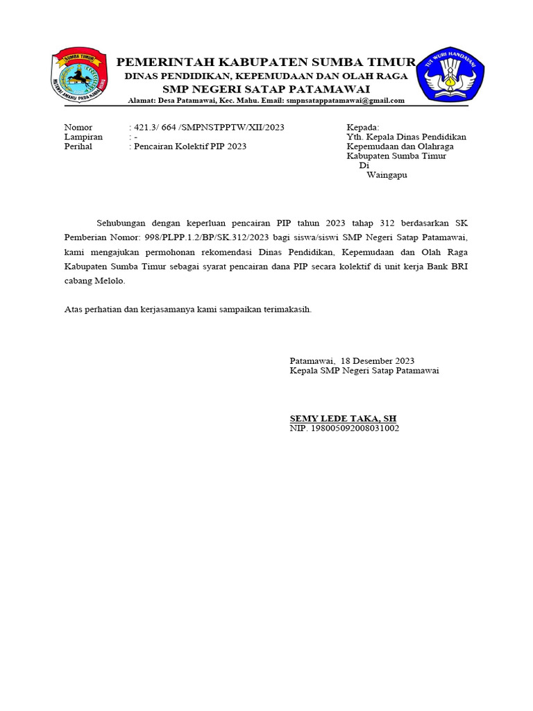 Surat Permohonan Pencairan PIP | PDF