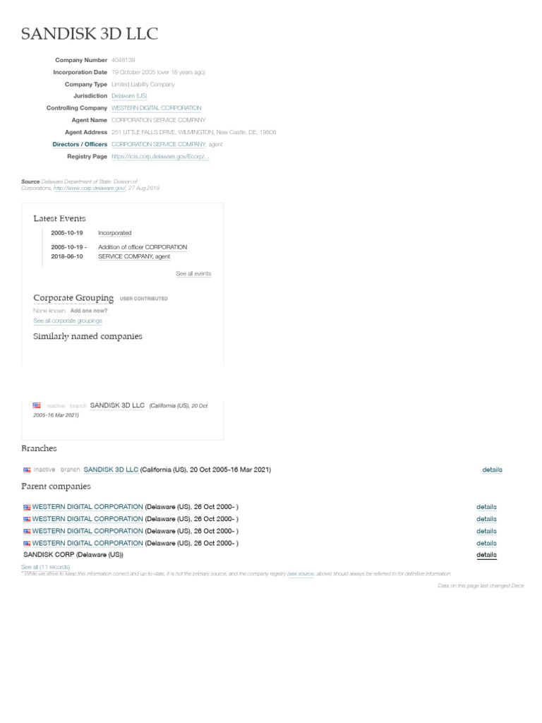 SANDISK 3D LLC - Delaware (US) | PDF | Limited Liability Company | Delaware