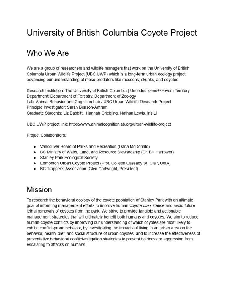 UBC Coyote Project Stanley Park | PDF | Social Science | Science ...