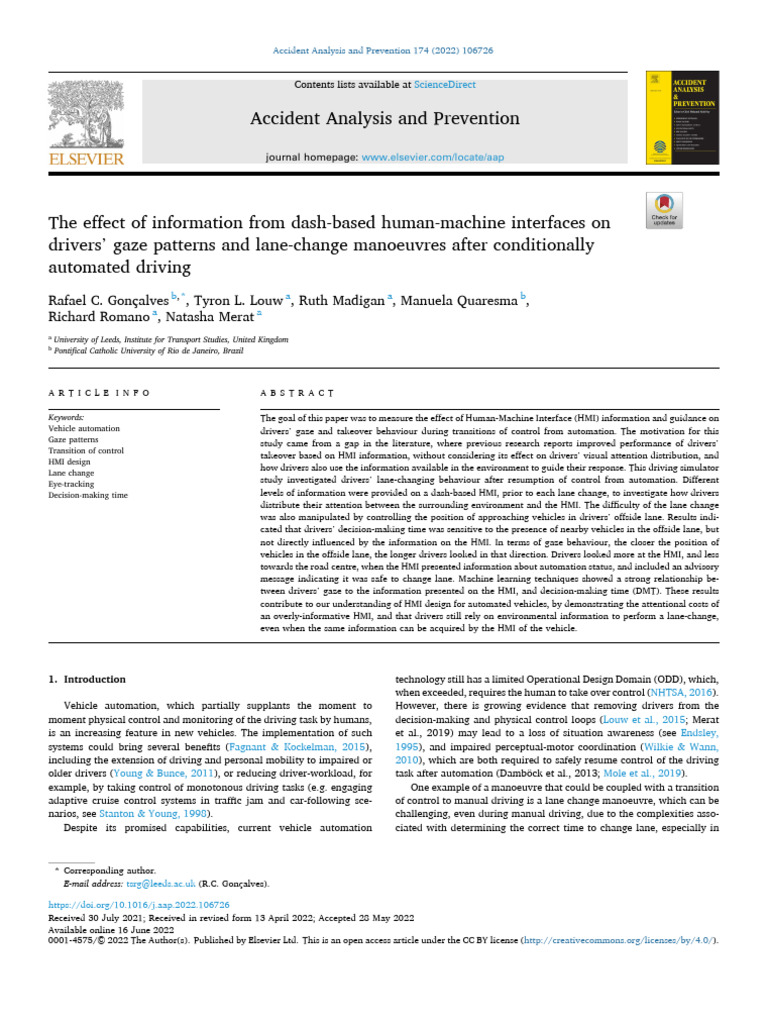 The Effect of Information From Dash Based Human Machine Int - 2022 - Accident An | PDF | Traffic ...