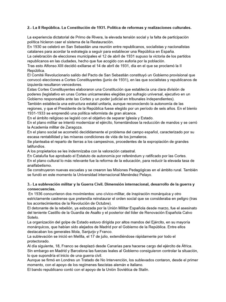 Preguntas Examen Historia de España 2º Bach | PDF | Francisco franco ... Preguntas Examen Historia de España 2º Bach | PDF | Francisco franco ...