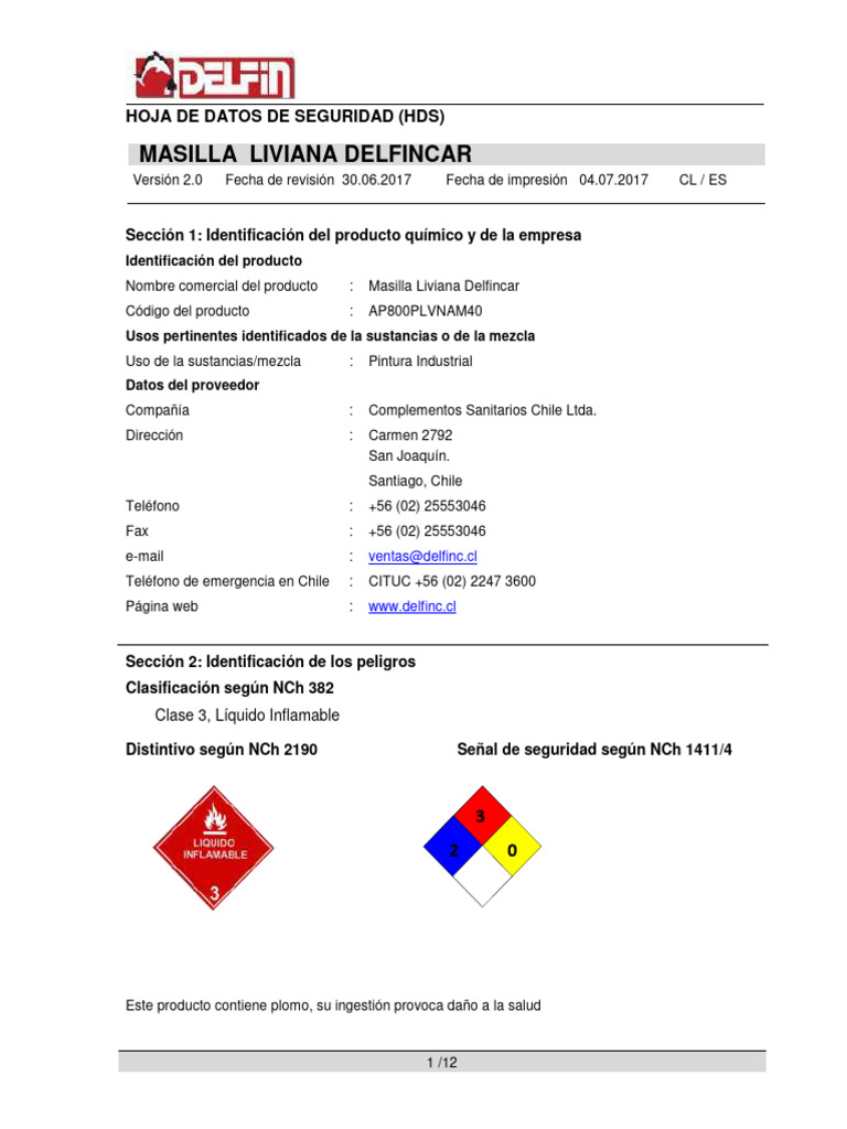 HDS - Delfin Car Masilla Liviana | PDF | Residuos