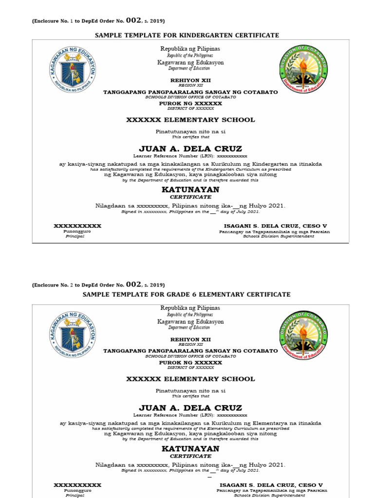 DepEd Certificate and Diploma Templates | PDF | Educational Stages ...
