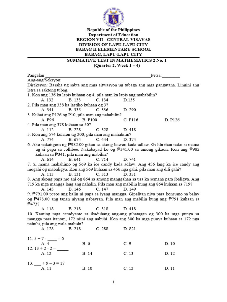 Grade 2 MATH SUMMATIVE TEST Q2 W1-4 | PDF