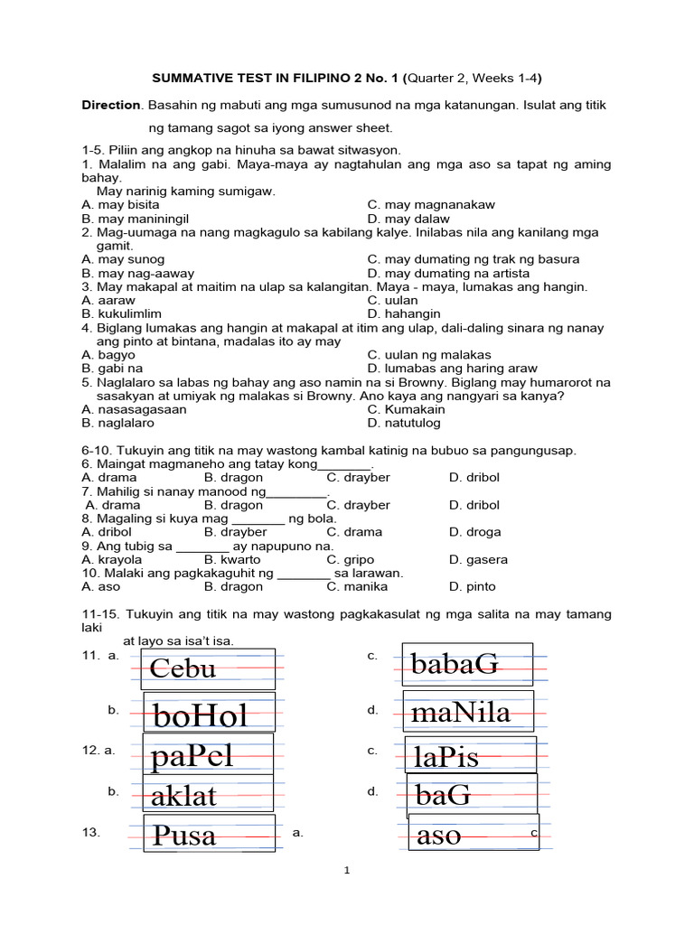 Grade 2 Filipino-2nd-Quarter-SUMMATIVE-WK1-WK4 | PDF Grade 2 Filipino-2nd-Quarter-SUMMATIVE-WK1-WK4 | PDF