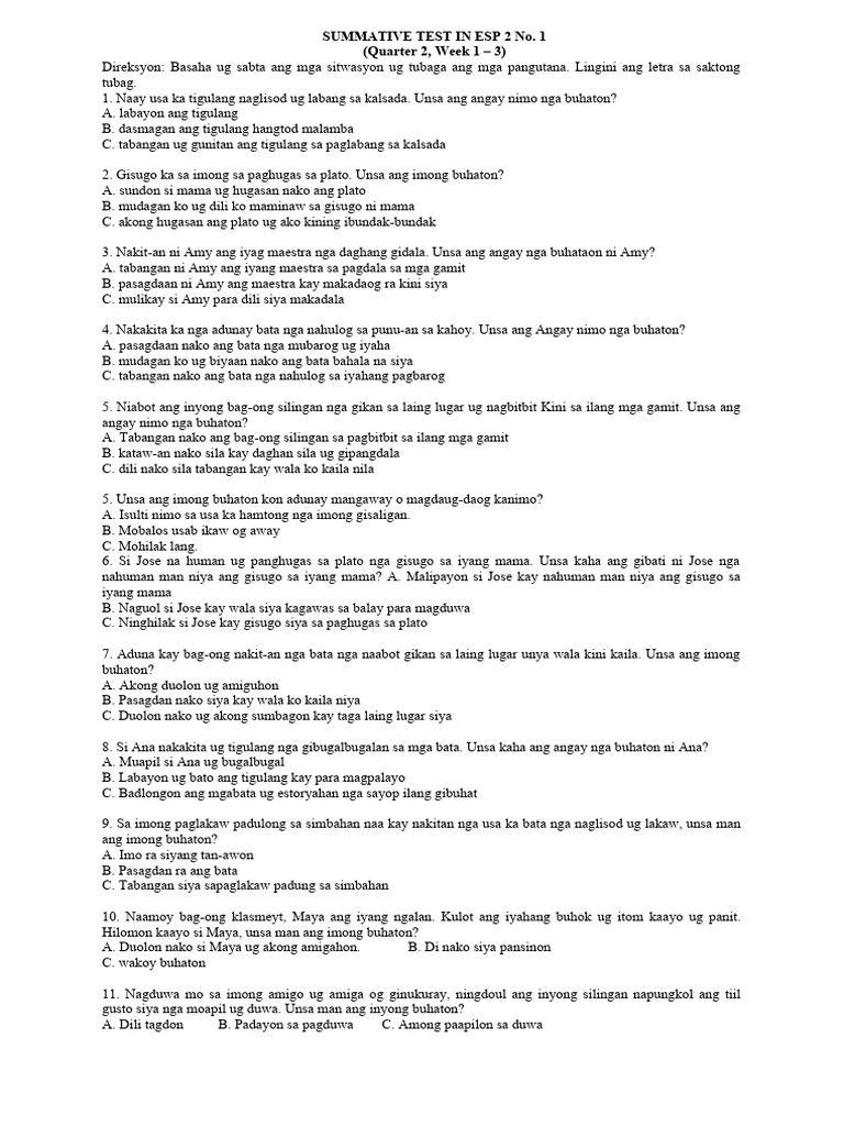 Grade 2 ESP SUMMATIVE TEST Q2 W1-3 | PDF Grade 2 ESP SUMMATIVE TEST Q2 W1-3 | PDF